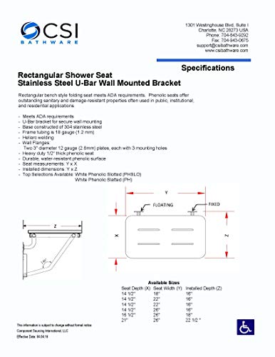 CSI Bathware ADA Bathroom Shower Bath Seat, Folding, Rectangular, Swing Down; Wall Mount Slotted Top 18"x15"