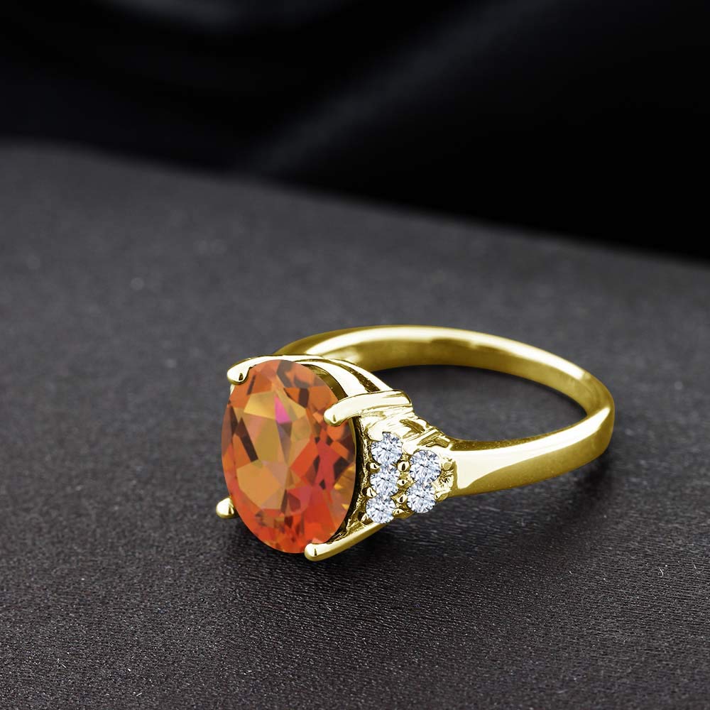 Gem Stone King 18K Yellow Gold Plated Silver Twilight Orange Mystic Quartz and White Created Sapphire Ring For Women (4.40 Cttw, Gemstone Birthstone, Available In Size 5, 6, 7, 8, 9)