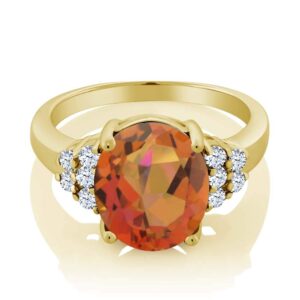 Gem Stone King 18K Yellow Gold Plated Silver Twilight Orange Mystic Quartz and White Created Sapphire Ring For Women (4.40 Cttw, Gemstone Birthstone, Available In Size 5, 6, 7, 8, 9)