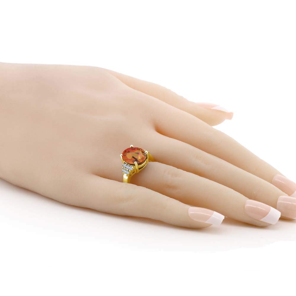 Gem Stone King 18K Yellow Gold Plated Silver Twilight Orange Mystic Quartz and White Created Sapphire Ring For Women (4.40 Cttw, Gemstone Birthstone, Available In Size 5, 6, 7, 8, 9)