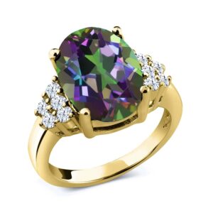 gem stone king 18k yellow gold plated silver green mystic quartz and white topaz ring for women (4.40 cttw, available in size 5, 6, 7, 8, 9)