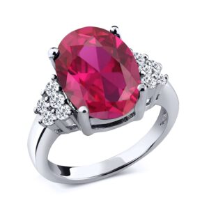 gem stone king 925 sterling silver red created ruby and white topaz engagement ring for women (5.40 cttw, oval 12x10mm, available in size 5, 6, 7, 8, 9)