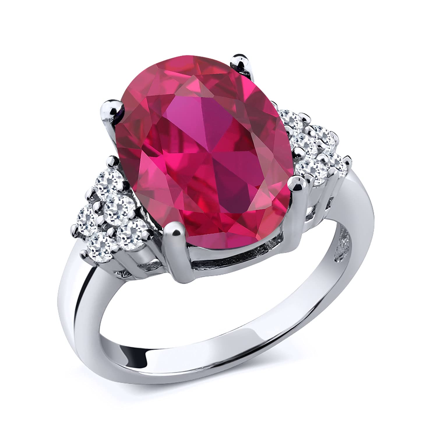 Gem Stone King 925 Sterling Silver Red Created Ruby and White Topaz Engagement Ring For Women (5.40 Cttw, Oval 12X10MM, Available In Size 5, 6, 7, 8, 9)