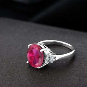 Gem Stone King 925 Sterling Silver Red Created Ruby and White Topaz Engagement Ring For Women (5.40 Cttw, Oval 12X10MM, Available In Size 5, 6, 7, 8, 9)