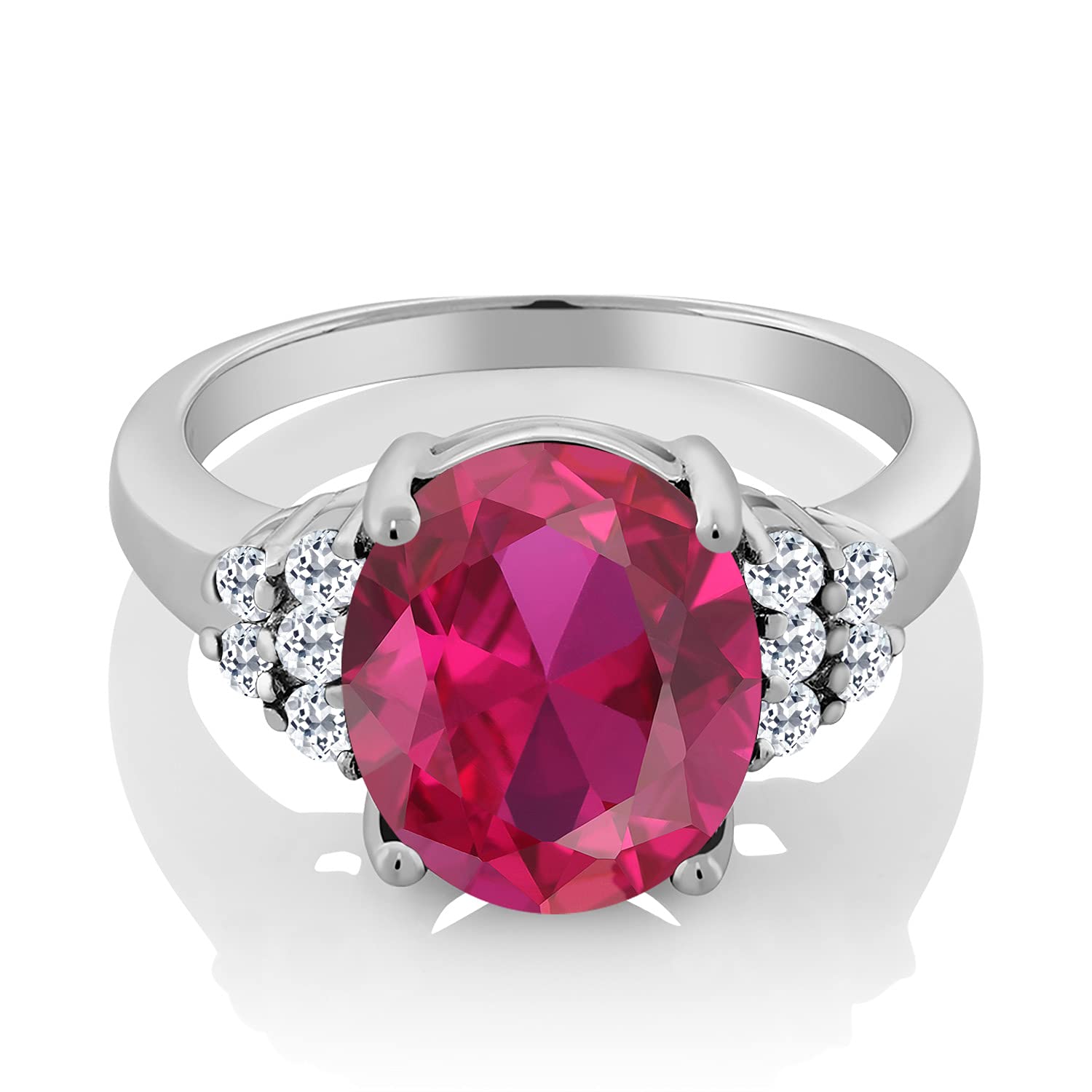 Gem Stone King 925 Sterling Silver Red Created Ruby and White Topaz Engagement Ring For Women (5.40 Cttw, Oval 12X10MM, Available In Size 5, 6, 7, 8, 9)