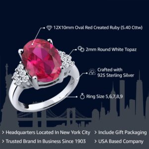 Gem Stone King 925 Sterling Silver Red Created Ruby and White Topaz Engagement Ring For Women (5.40 Cttw, Oval 12X10MM, Available In Size 5, 6, 7, 8, 9)