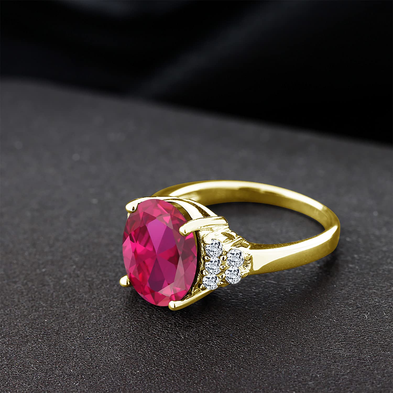 Gem Stone King 18K Yellow Gold Plated Silver Red Created Ruby and White Topaz Women Ring (5.40 Ct Oval 12X10MM, Available 5,6,7,8,9) (Size 6)