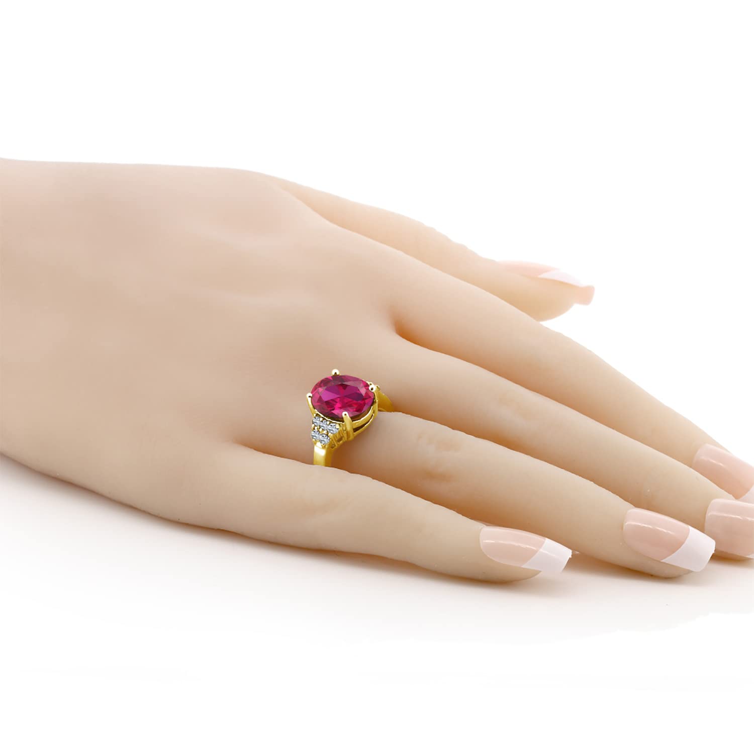 Gem Stone King 18K Yellow Gold Plated Silver Red Created Ruby and White Topaz Women Ring (5.40 Ct Oval 12X10MM, Available 5,6,7,8,9) (Size 6)