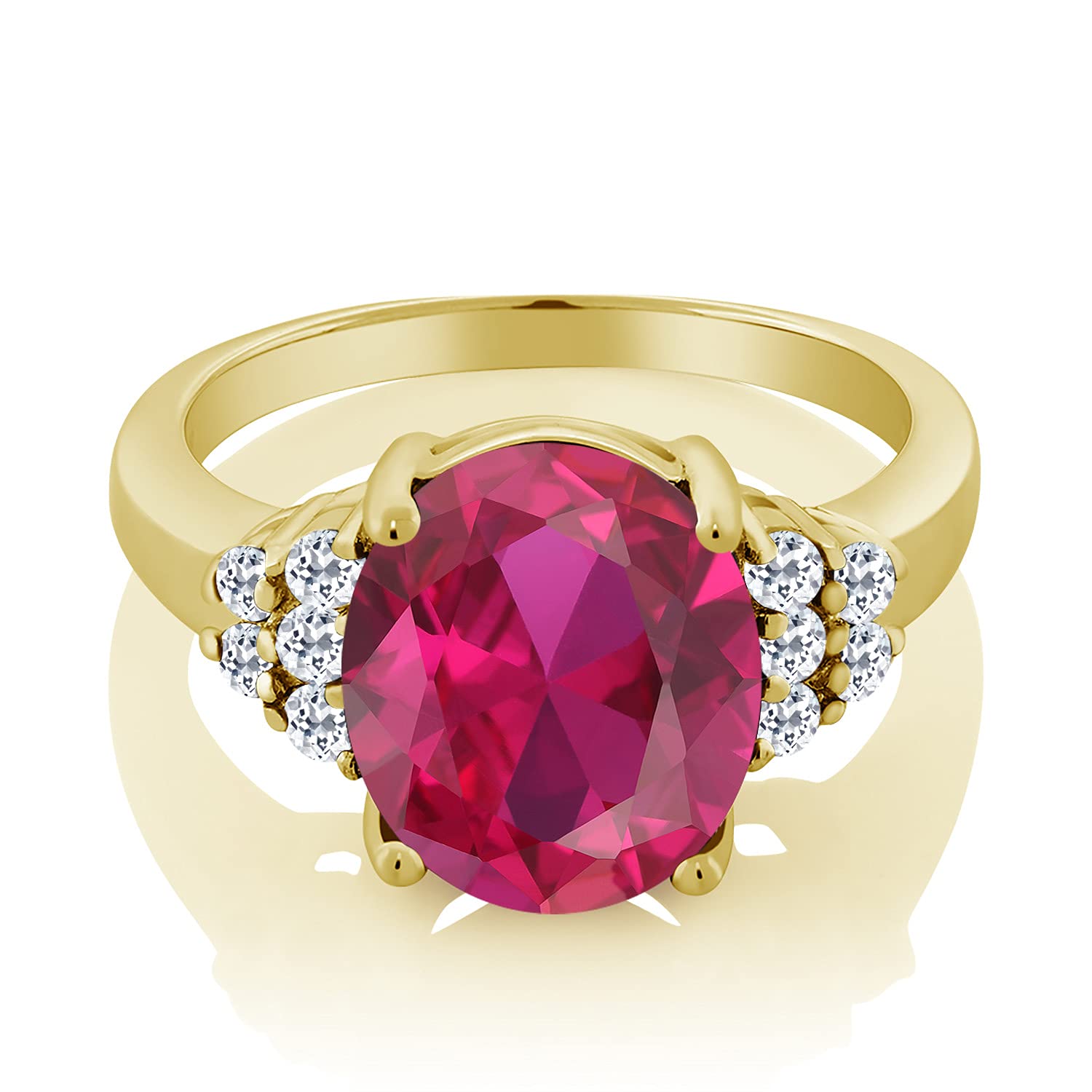 Gem Stone King 18K Yellow Gold Plated Silver Red Created Ruby and White Topaz Women Ring (5.40 Ct Oval 12X10MM, Available 5,6,7,8,9) (Size 6)