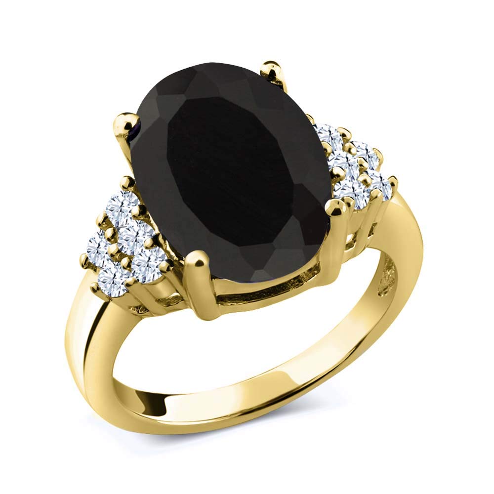 Gem Stone King 18K Yellow Gold Plated Silver Black Onyx & White Topaz Ring For Women (4.40 Cttw, Oval 12X10MM, Gemstone Birthstone, Available In Size 5, 6, 7, 8, 9)