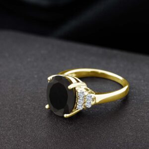 Gem Stone King 18K Yellow Gold Plated Silver Black Onyx & White Topaz Ring For Women (4.40 Cttw, Oval 12X10MM, Gemstone Birthstone, Available In Size 5, 6, 7, 8, 9)