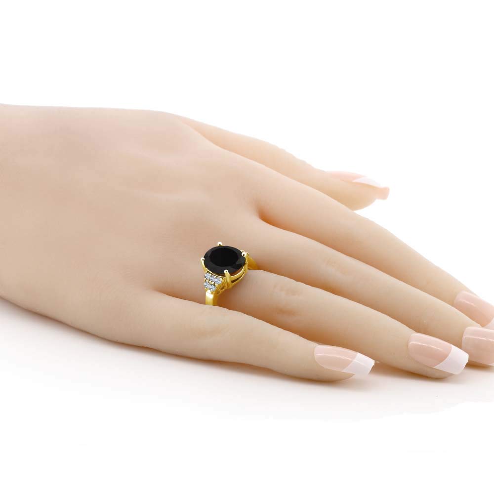 Gem Stone King 18K Yellow Gold Plated Silver Black Onyx & White Topaz Ring For Women (4.40 Cttw, Oval 12X10MM, Gemstone Birthstone, Available In Size 5, 6, 7, 8, 9)