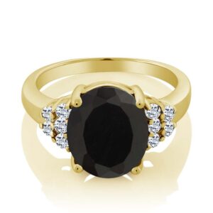 Gem Stone King 18K Yellow Gold Plated Silver Black Onyx & White Topaz Ring For Women (4.40 Cttw, Oval 12X10MM, Gemstone Birthstone, Available In Size 5, 6, 7, 8, 9)