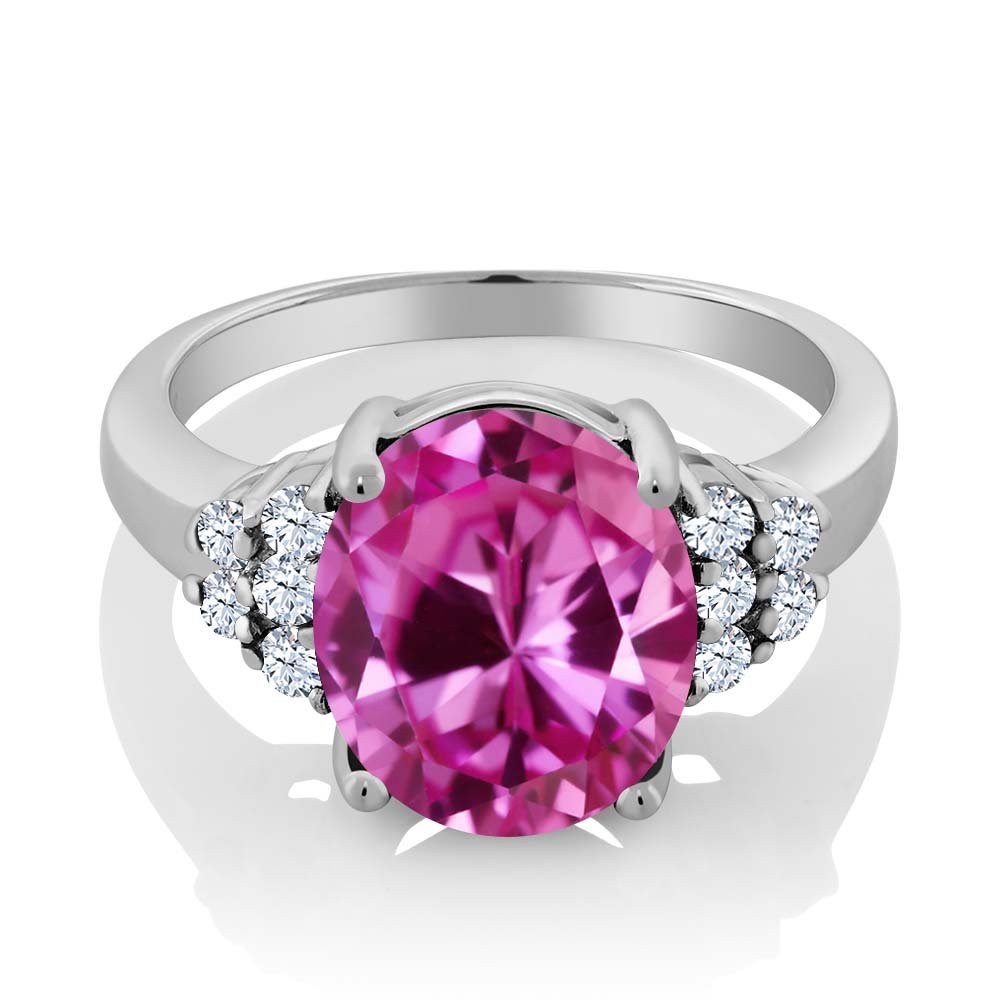 Gem Stone King 925 Sterling Silver Pink Created Sapphire Ring For Women (6.30 Cttw, Oval 12X10MM, Available 5,6,7,8,9) (Size 6)