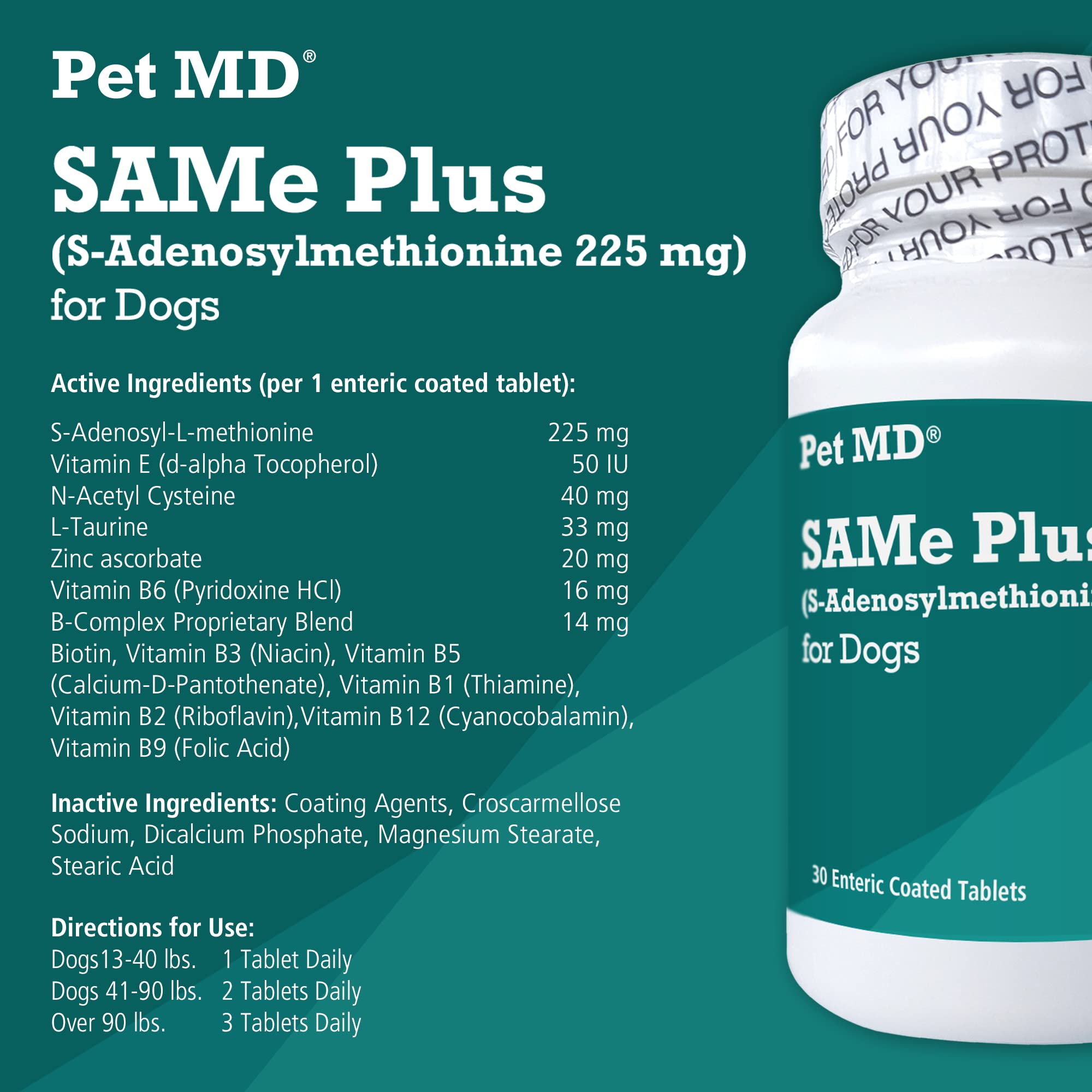 Pet MD SAMe Plus S-Adenosyl for Dogs 225 MG Hepatic Liver Supplement and Cognitive Support - 60 Count