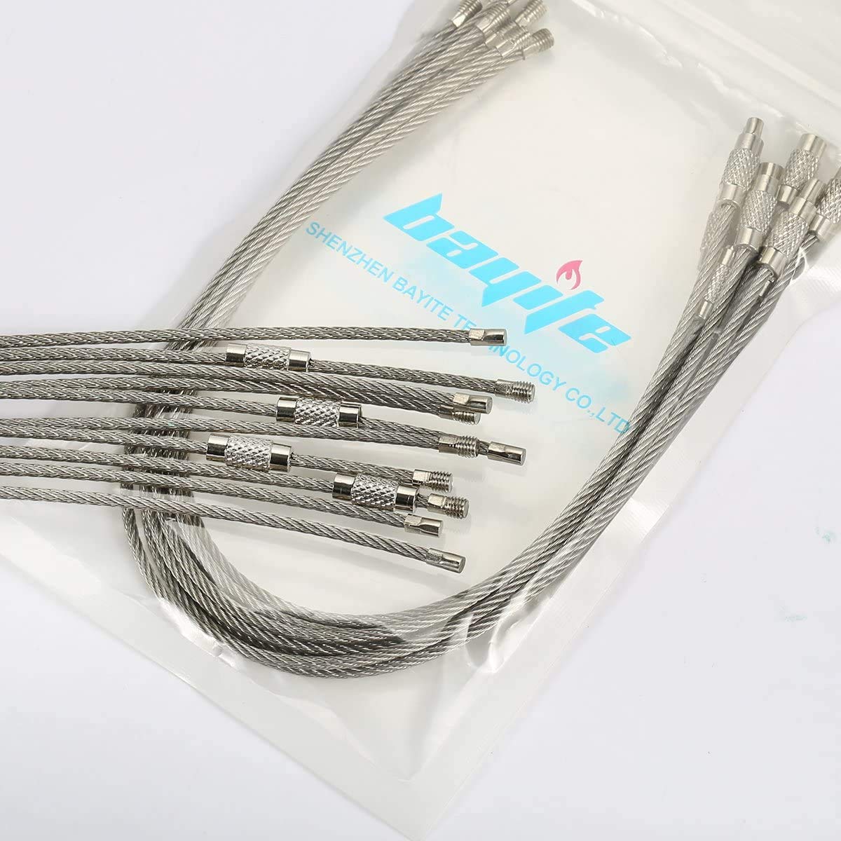 bayite BYT-WKC-054 10 Inch Stainless Steel Wire Keychains 2mm Cable Key Rings Heavy Duty Pack of 10