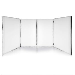 pyle dj booth foldable cover screen - portable event facade front board video light projector display scrim panel with folding steel frame stand, stretchable material - pdjfac12 (48"x24.2"x46" white)