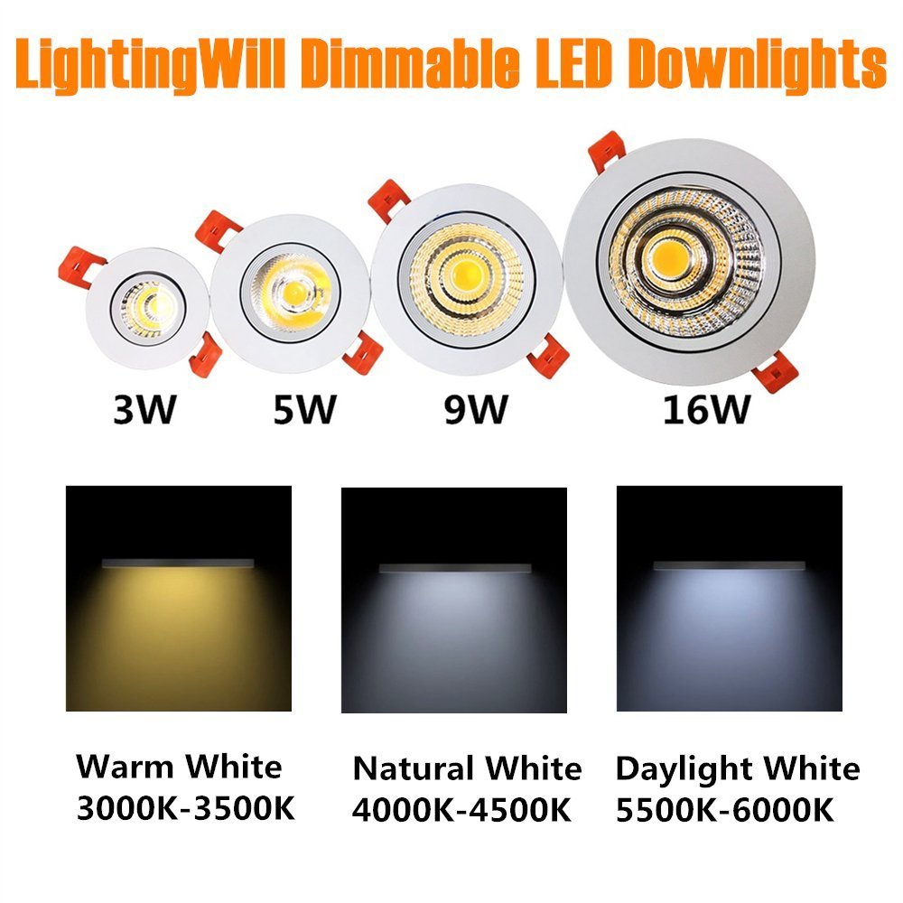 LightingWill 2inch LED Dimmable Downlight, 3W COB Recessed Ceiling Light, Daylight White 5500K-6000K, CRI80, 25W 220LM Halogen Bulbs Equivalent, White (10 Pack)