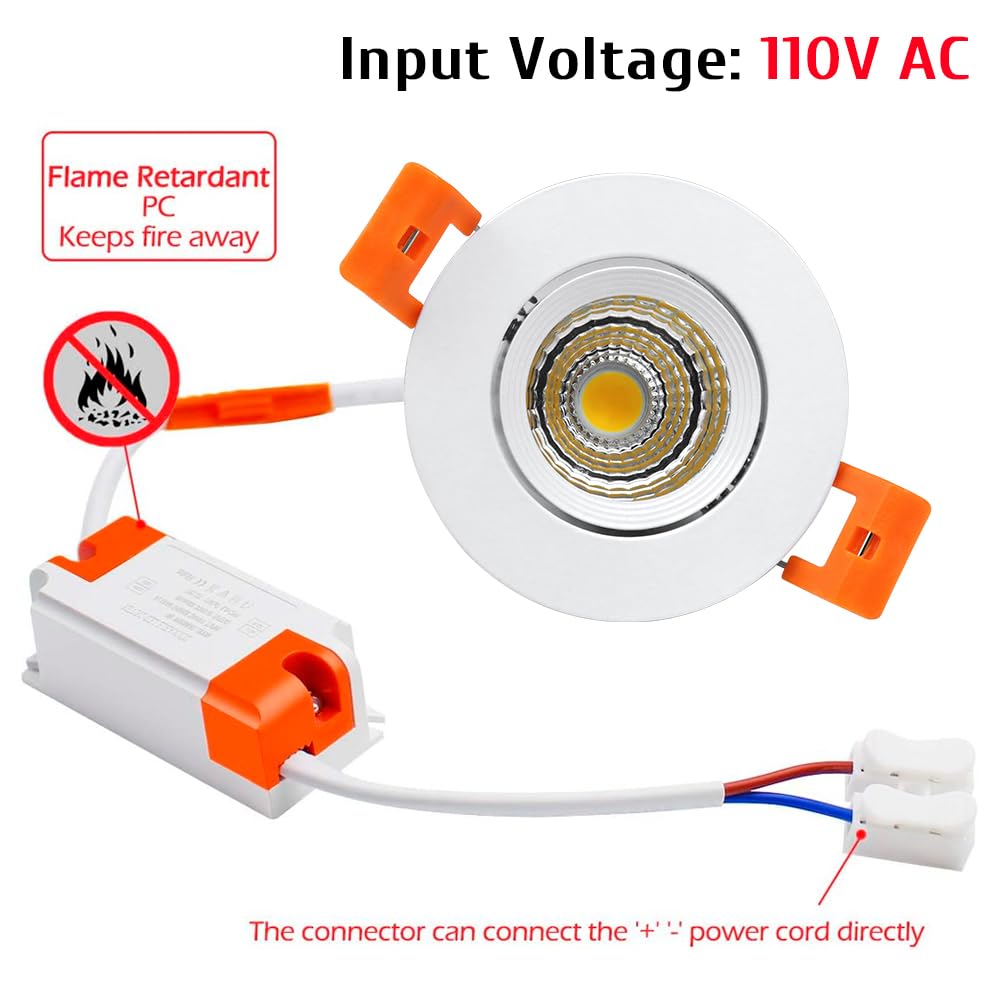 LightingWill 2inch LED Dimmable Downlight, 3W COB Recessed Ceiling Light, Daylight White 5500K-6000K, CRI80, 25W 220LM Halogen Bulbs Equivalent, White (10 Pack)