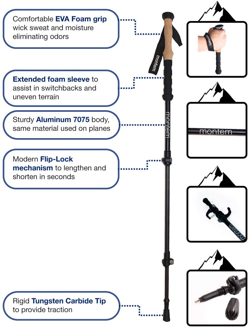 Montem Ultra Strong Trekking, Walking, and Hiking Poles - One Pair (2 Poles) - Collapsible, Lightweight, Quick Locking, and Ultra Durable (Black Matte)