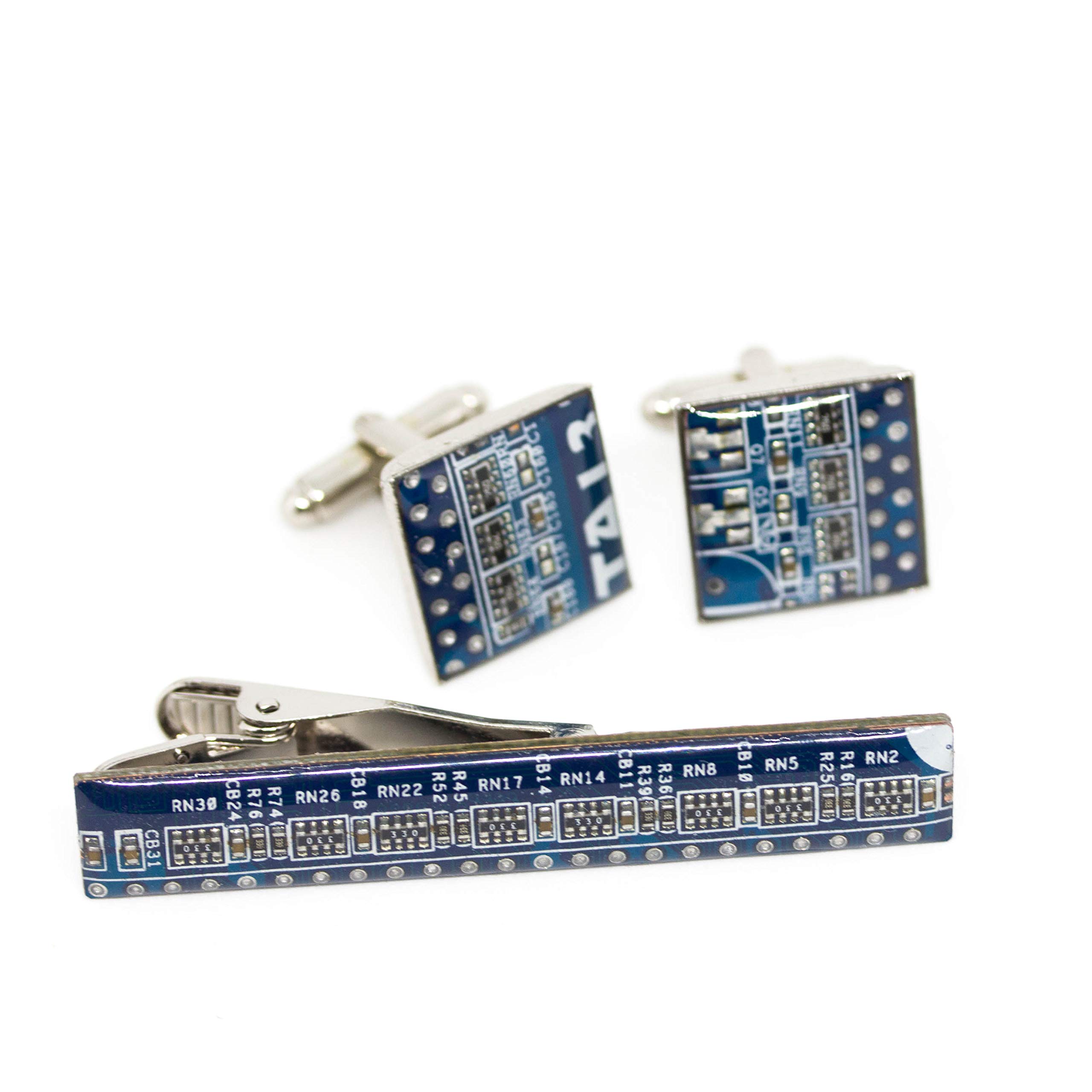 Unique Cufflinks and Tie Clip set, recycled circuit board jewelry for men (Blue)