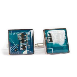 Unique Cufflinks and Tie Clip set, recycled circuit board jewelry for men (Blue)