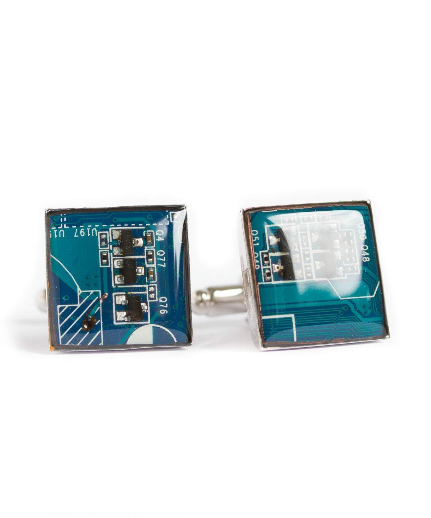 Unique Cufflinks and Tie Clip set, recycled circuit board jewelry for men (Blue)