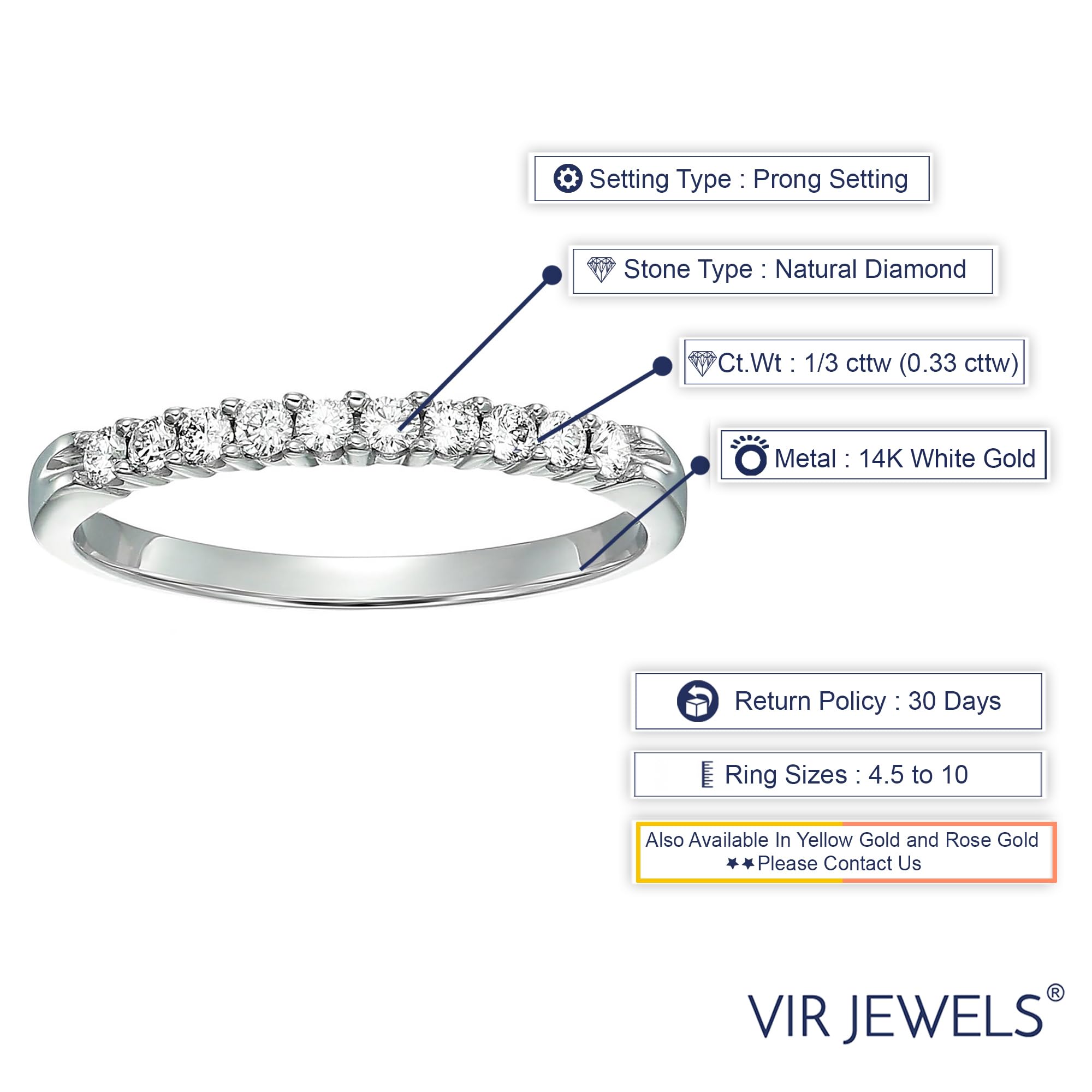 Vir Jewels 1/3 cttw Round Diamond Wedding Band for Women in 14K White Gold, 10 Stones Prong Set, Size 5