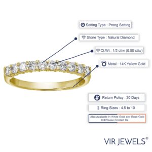 Vir Jewels 1/2 carat (ctw) Diamond Wedding Anniversary Band for Women, Round Diamond Engagement Ring 14K Yellow Gold 10 Stones Prong Set 0.50 cttw I1-I2, Size 8