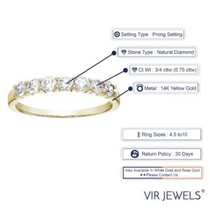 Vir Jewels 3/4 cttw Diamond Wedding Anniversary Band for Women, Round Diamond Engagement Ring 14K Yellow Gold 7 Stones Prong Set, Size 8