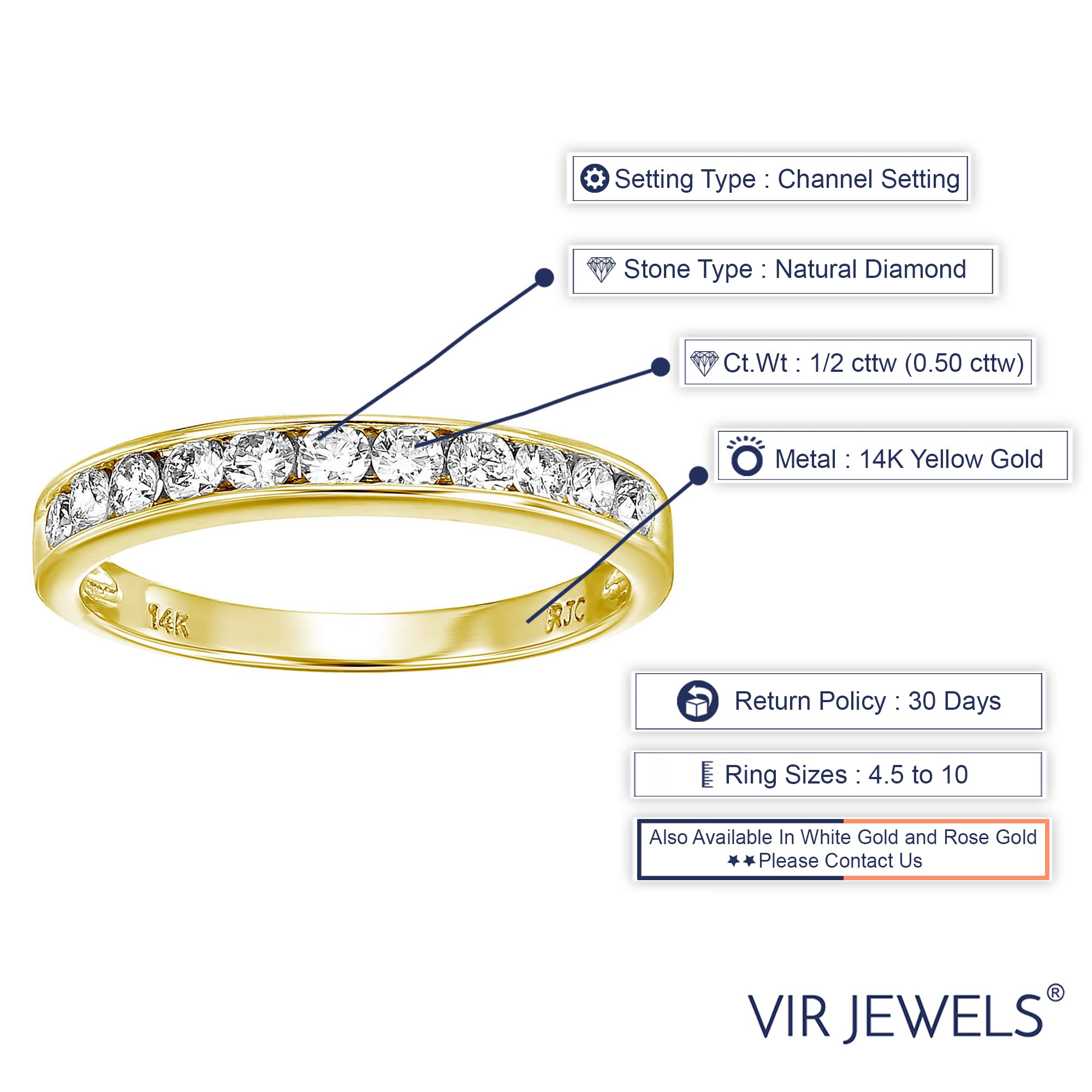 Vir Jewels 1/2 carat (ctw) Diamond Wedding Anniversary Band for Women, Half Eternity Round Diamond Engagement Ring 14K Yellow Gold Channel Set 0.50 cttw, Size 5