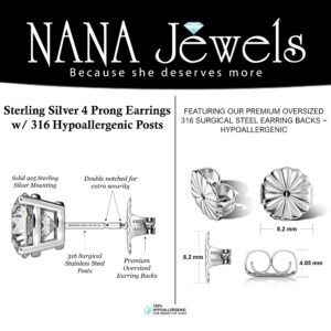 NANA Jewels Jewels Round CZ Stud Earrings SS316 Surgical Steel & Sterling Silver Cubic Zirconia - 10.0mm (8.00cttw) Platinum