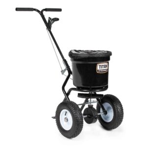 titan attachments 50 lb professional fertilizer push broadcast spreader, spreads 10 to 12 ft, lawn care and ice melter, yard tool