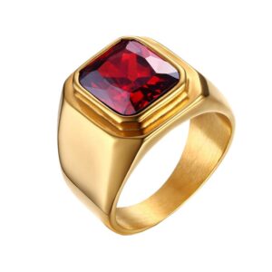 pmtier men's stainless steel simple gold plated ring with square red gem stone size 10