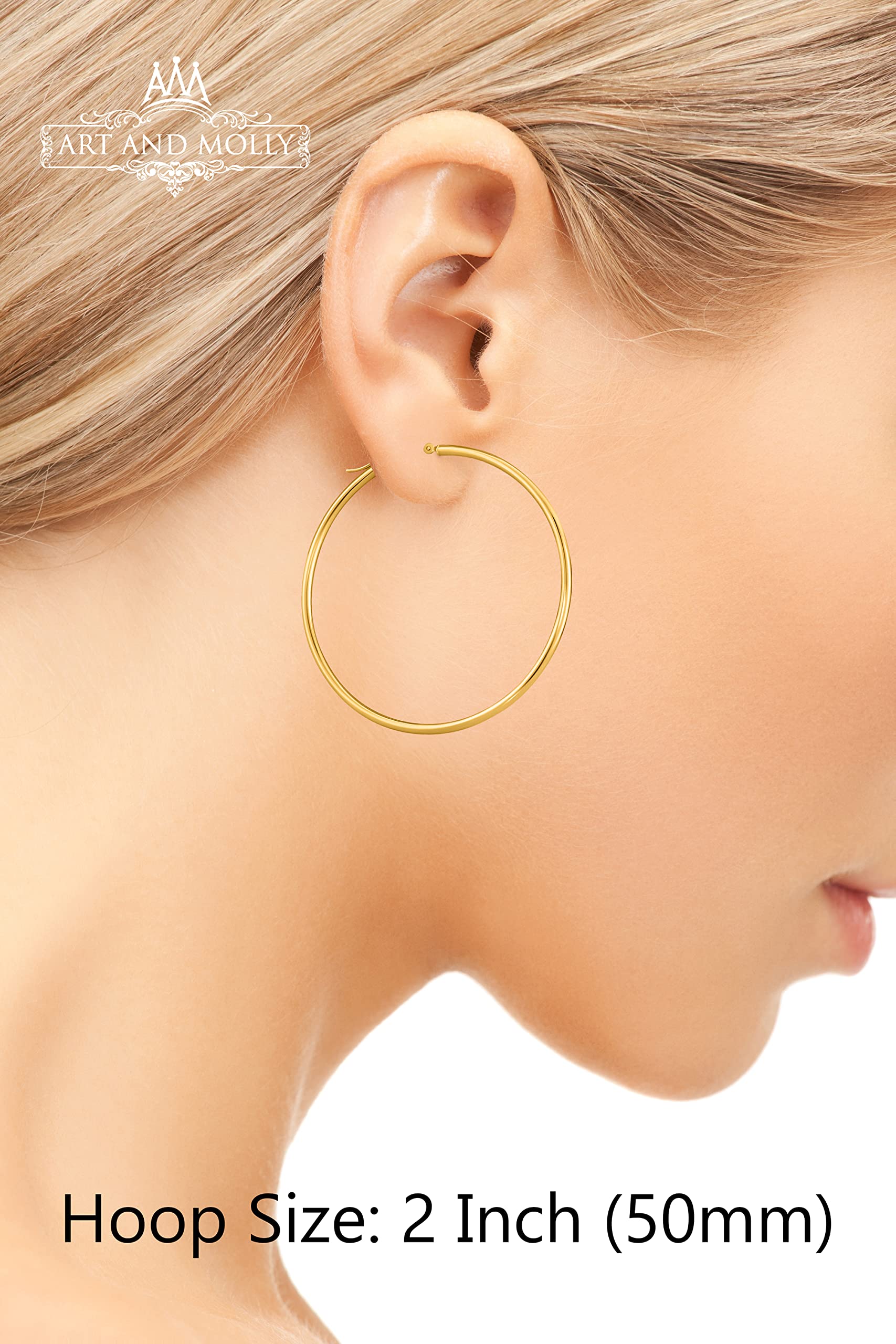 14k Gold Round Polished Hoop Earrings, (50mm) 2" Diameter (Yellow Gold)