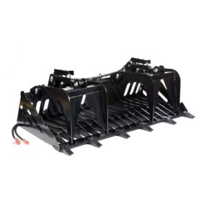 titan attachments 82" skeleton rock grapple rake, universal skid steer quick tach, fine-grade open tine bottom, replaceable cast bucket teeth, reinforced side cutters, universal landscape attachment