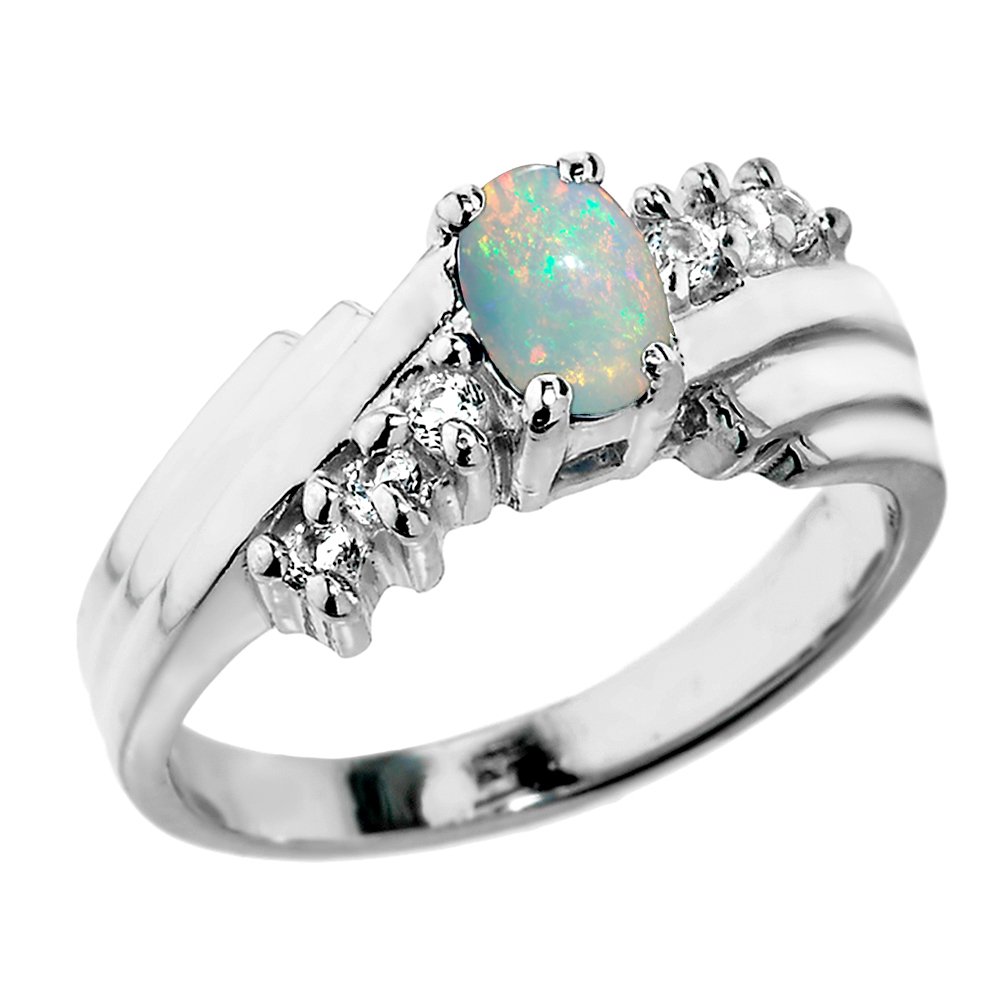 gemstone rings Sterling Silver White Topaz and Opal Ladies Ring (Size 12)