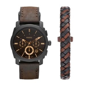 fossil men's machine quartz stainless steel chronograph watch and bracelet set, color: black, dark brown (model: fs5251set)