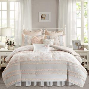 madison park cotton comforter set - shabby chic cottage design all season down alternative bedding, matching shams, bedskirt, decorative pillows, queen (90 in x 90 in), serendipity peach, 9 piece