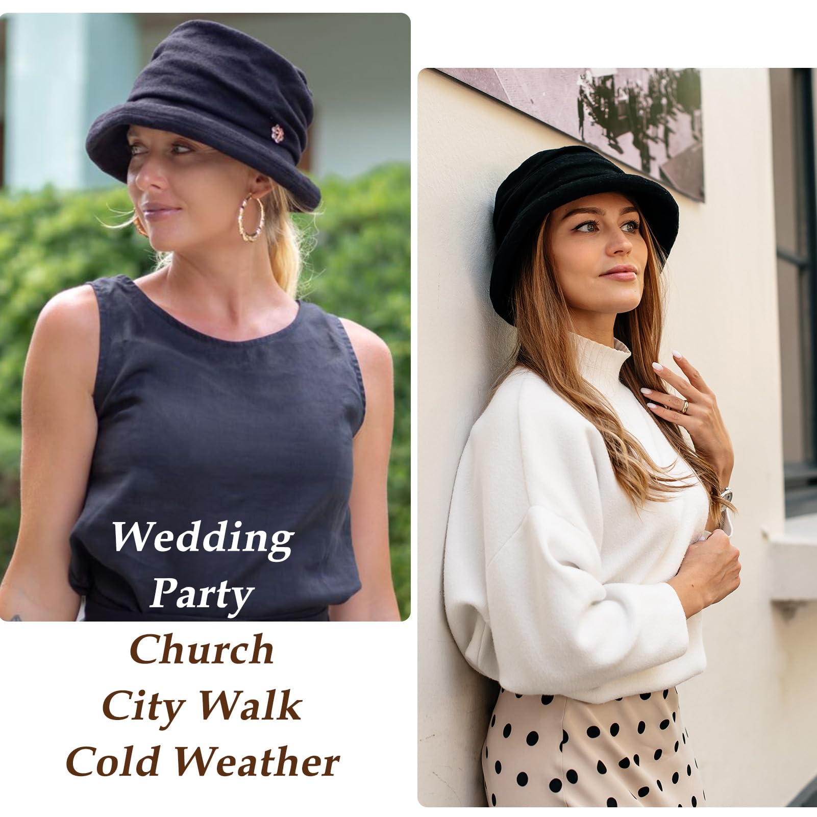 Comhats Winter Cloche Bucket Hat for Women Wool Elegant Dress 1920s Vintage Fedora Bowler Church Derby Party Ladies Medium Black