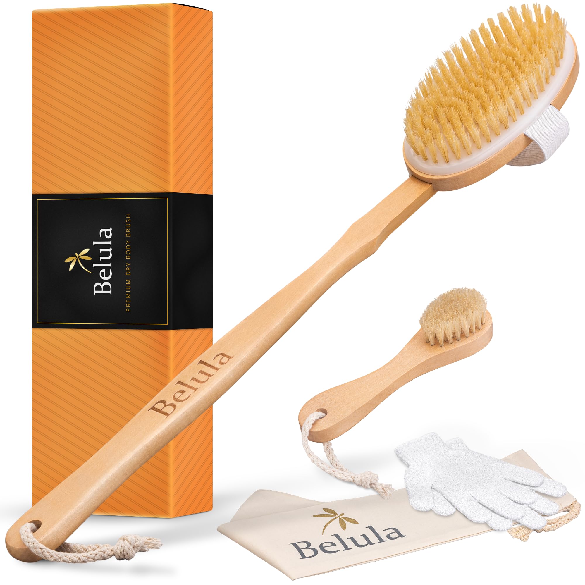 Premium Dry Brushing Body Brush Set by Belula- Natural Boar Bristle Body Brush, Exfoliating Face Brush & One Pair Bath & Shower Gloves. Free Bag & How To – Great Gift For A Glowing Skin & Healthy Body