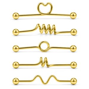 ruifan 5pcs industrial barbell earring stainless steel 14 gauge cartilage earring body piercing 1 1/2 inch(38mm)- coil, wave, twister, spiral,heart(gold)