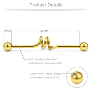 Ruifan 5PCS Industrial Barbell Earring Stainless Steel 14 Gauge Cartilage Earring Body Piercing 1 1/2 Inch(38mm)- Coil, Wave, Twister, Spiral,Heart(Gold)