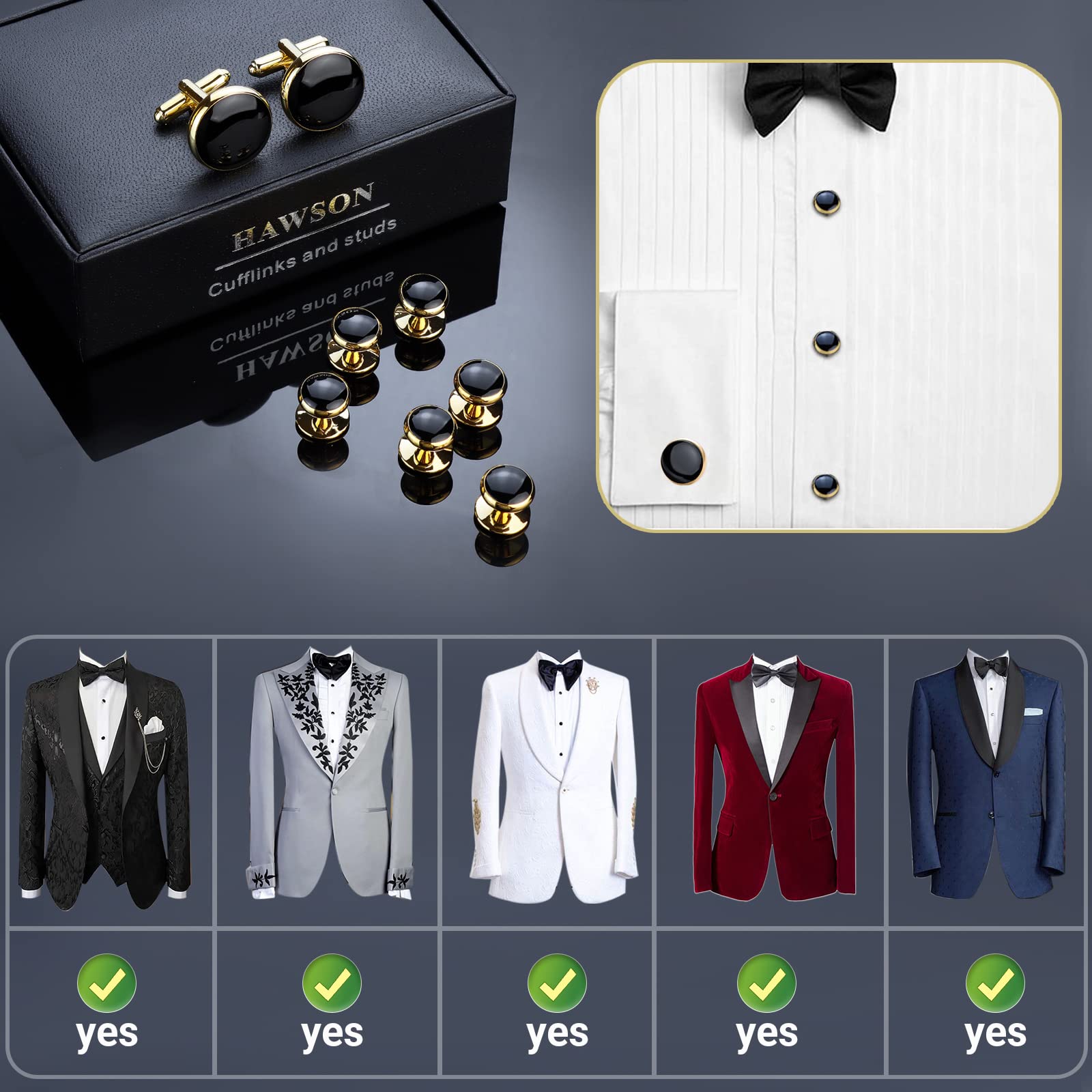 HAWSON Men’s Cufflinks and Tuxedo Studs Set with Gift Box; Men’s Jewelry or Accessories Suitable for Black Suit White Shirts Vest and Red Bow tie on Wedding or Anniversary and Birthday