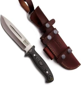 handmade d2 tool steel hunting survival knife with micarta handle, leather sheath, and sharpening stone - gcs102