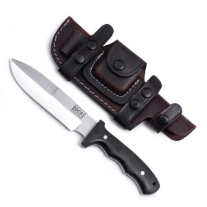 gcs handmade bushcraft survival knife - tactical, hunting, camping with grippy micarta handle, d2 tool steel, leather sheath; left hand cross draw & right hand scout carry - gcs115