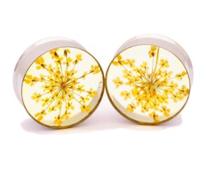 mystic metals body jewelry embedded real yellow queen anne's lace flower plugs - sold as a pair (9/16" (14mm))