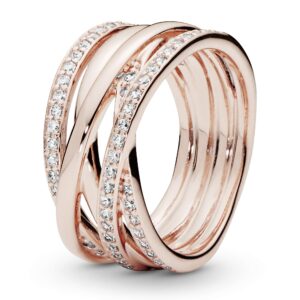 pandora sparkling & polished lines entwined ring - rose gold ring for women - chic cocktail ring - gift for her - 14k rose gold-plated rose with cubic zirconia - size 7.5