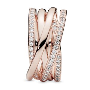 Pandora Sparkling & Polished Lines Entwined Ring - Rose Gold Ring for Women - Chic Cocktail Ring - Gift for Her - 14k Rose Gold-Plated Rose with Cubic Zirconia - Size 7.5