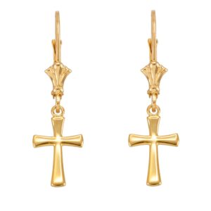 mini rounded cross dangle earrings in polished 14k yellow gold